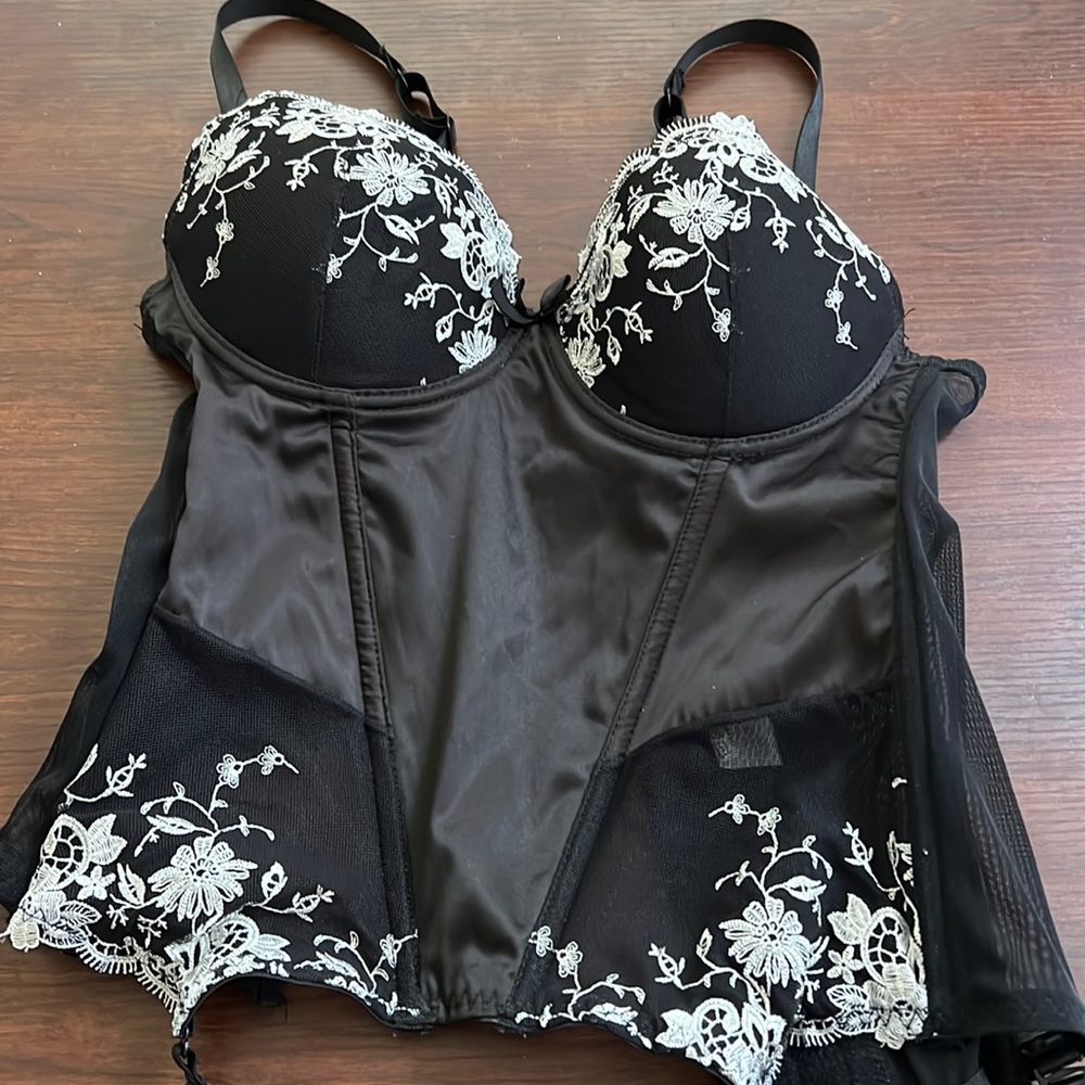 Black And White Floral Satin Mesh Bustier - Gem